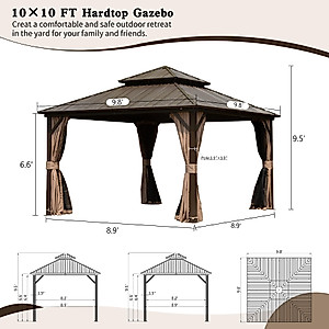 Domi 10' x 10' Hardtop Gazebo Permanent Metal Gazebo with Galvanized Steel Double Roof, Curtains and Netting for Party, Wedding, Outdoor Dining, Patio, Backyard, Brown