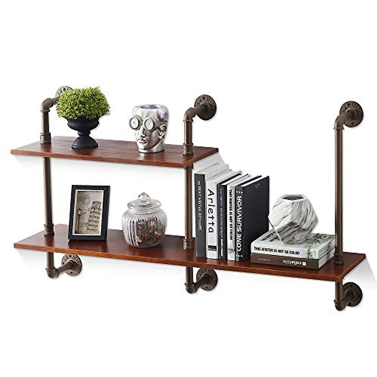 ivinta 2-Tier Floating Shelves Industrial Pipe Shelf Wall Mounted Solid Wood Shelf Hanging Wall Bookshelf for Kitchen Office Ladder Shelf for Living Room Bathroom