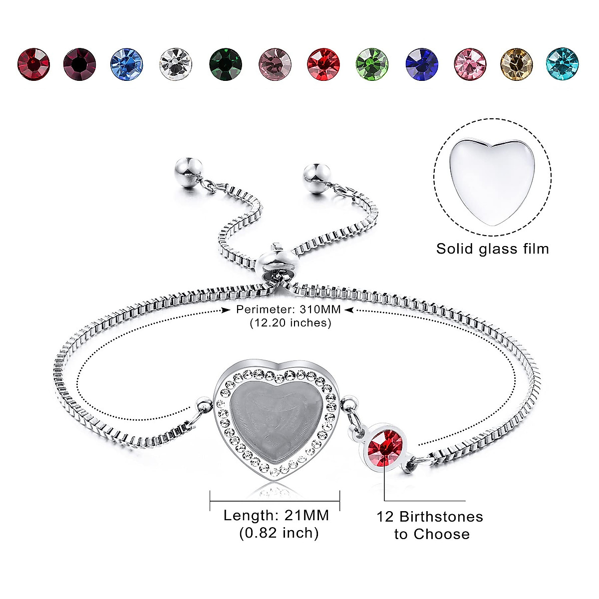 MeMeDIY Personalized Photo Heart Shaped Bracelets with 1-2 Birthstones Engraved Text Adjustable Box Chain Stainless Steel Bracelets for Women Mother Jewelry Gift (Silver color)
