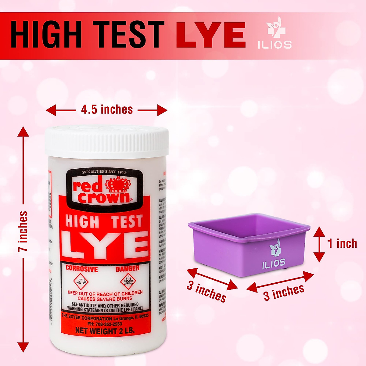 Ilios Boyer Lye - Pure Red Crown High Test Lye for DIY Soapmaking, House Cleaning Supplies - Soap Base, Paint Remover, Drain Cleaner - Non-Food Grade - Soap Making Kit with 2 2Lb Bottles, 1 Soap Mold