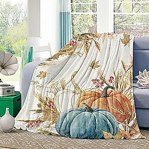 Throw Blanket- Autumn Thanksgiving Soft Warm Plush Fleece Bed Throw,60x80In Flannel Blankets Farm Pumpkins Wheat Fall Harvest Bedding Throws for Women/Men Bedroom Living Room Office Vintage Cotton