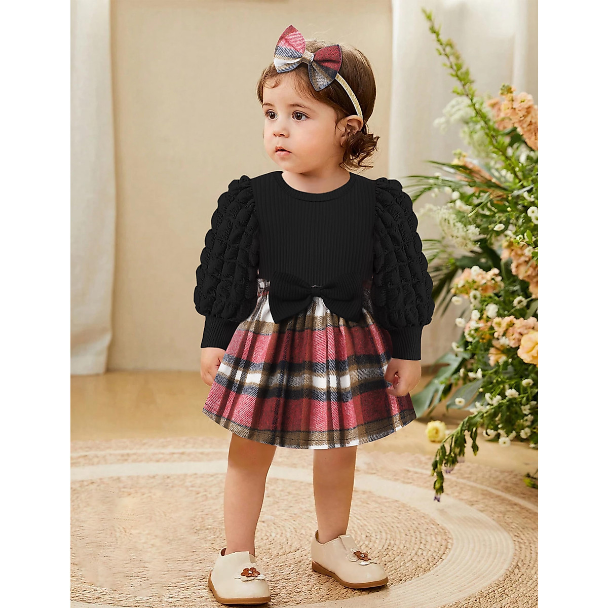 Qaoerde Baby Girl Dresses 12-18 Months Baby Girl Dress Puff Sleeve Red Plaid Dress Ribbed Baby Girls' Dresses Baby Dresses 12-18 Months Baby Girl Fall Dress Baby Girl Winter Dress Christmas Outfit