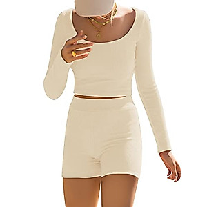ZESICA Women's Casual 2 Piece Lounge Set Long Sleeve Ribbed Knit Top and High Waist Shorts Workout Set Active Wear Outfits,Beige,Medium