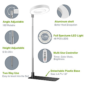 Kullsinss Grow Lights for Indoor Plants, Full Spectrum Halo Growing lamp with Detachable Base, Height Adjustable, 3 Colors, 10 Dimming, Automatic Timer, Plant Light for Succulents Small Plants