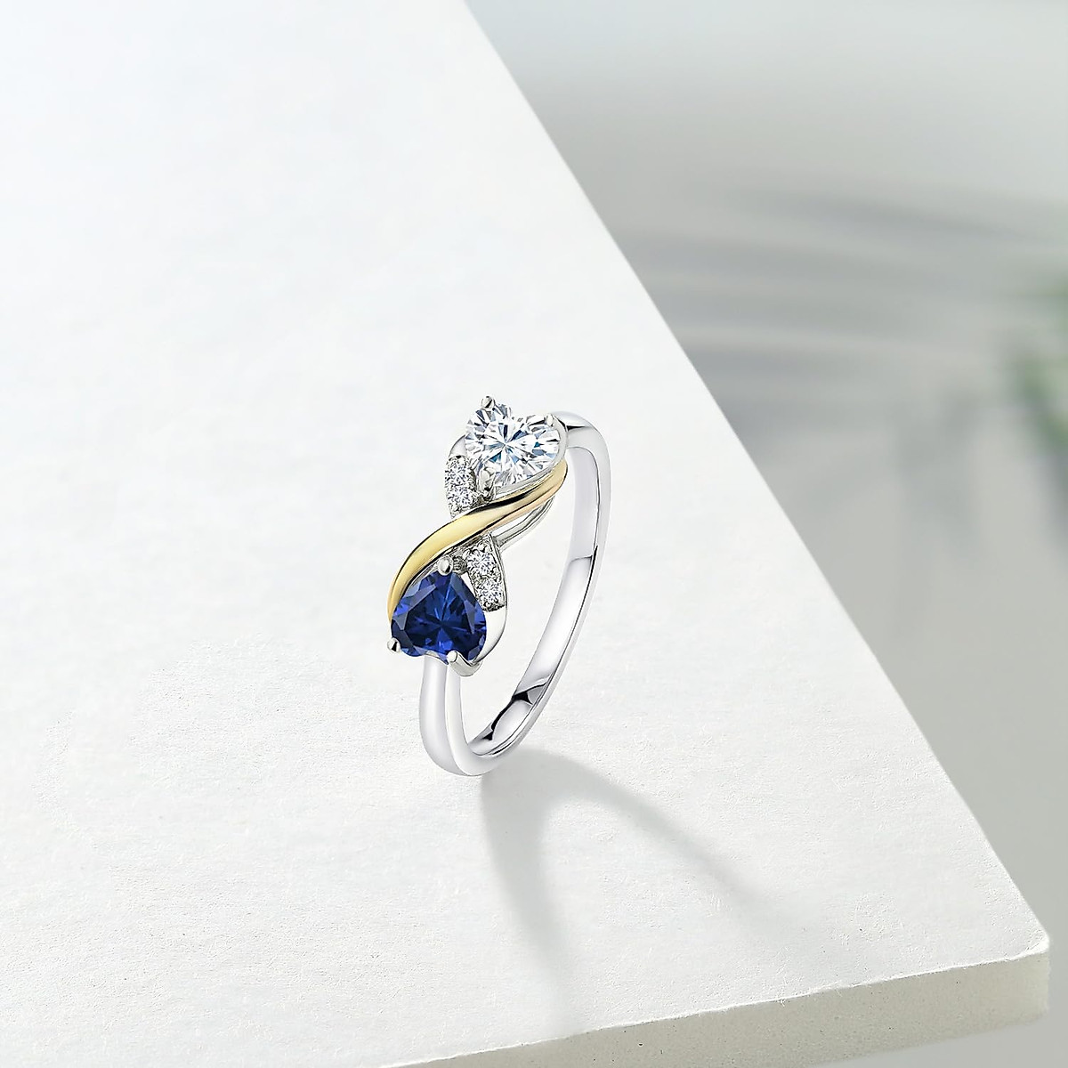 Gem Stone King 925 Sterling Silver and 10K Yellow Gold Blue Created Sapphire and White Moissanite (0.96 Cttw, Heart 5MM, Available In Size 5, 6, 7, 8, 9)
