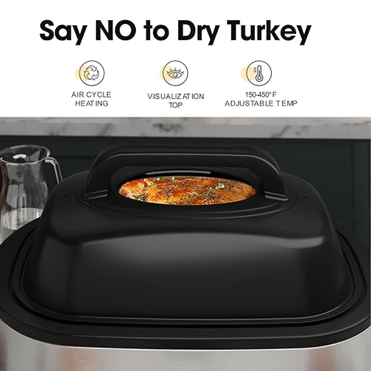 HEYNEMO Turkey Roaster Electric, 24 Quart Oven with Self-Basting Lid, Removable Pan and Rack, Adjustable Temperature Control Powerful 1450W Stainless Steel Oven, Silver