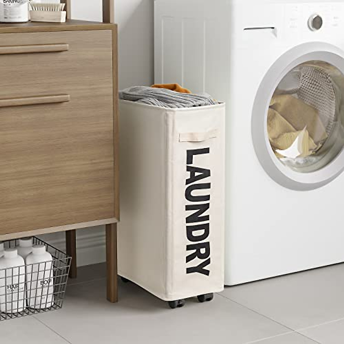 Chrislley 45L Slim Laundry Hamper with Wheels Narrow Rolling Laundry Basket Foldable Dirty Clothes Portable Skinny Hamper Organizer Storage Bins (23.2 inches, Beige 3)