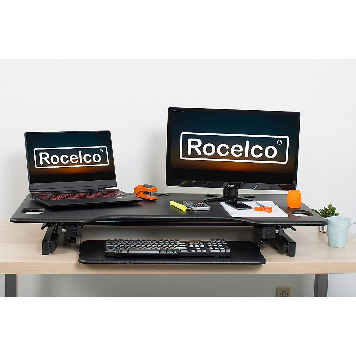 Rocelco 46" Large Height Adjustable Standing Desk Converter, Quick Sit Standup Triple Monitor Riser, Gas Spring Assist Computer Workstation, Retractable Keyboard Tray, (R DADRB-46), Black
