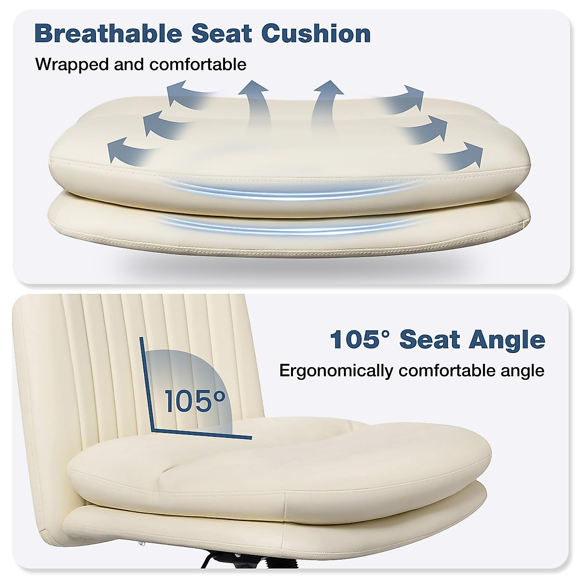 HOFFREE Criss Cross Chair Cross Legged Office Chair with Wheels Leather Home Office Chair Ergonomic Armless Chair for Desk Cream