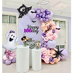 Kozee Pastel Halloween Birthday Balloon Garland Decorations Kit 130 Pcs Purple Pink Orange Balloons + Bat Ghost Mylar Balloons for Spooky Halloween Arch Booday Party Decorations