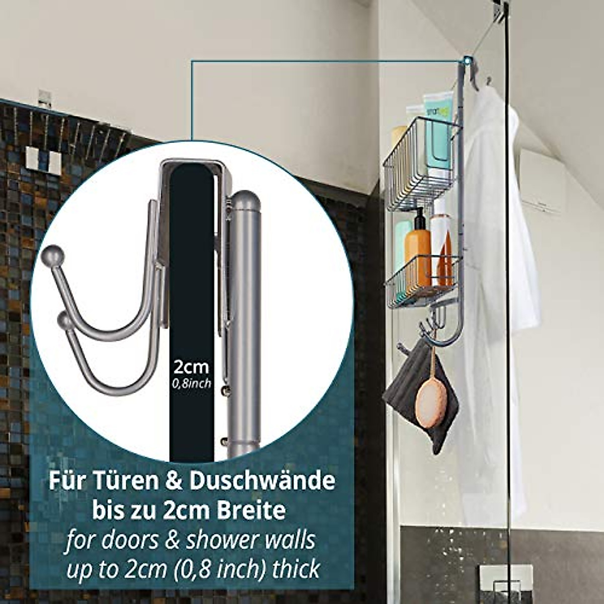 smartpeas Hanging Shelf for The Bathroom in Grey/Chrome Look - 2X Hanging Basket - 23.5'' x 12'' x 4.5'' - Stainless Steel - Shower Shelf Without Drilling - Extra: 2X Stainless Steel Adhesive Hooks