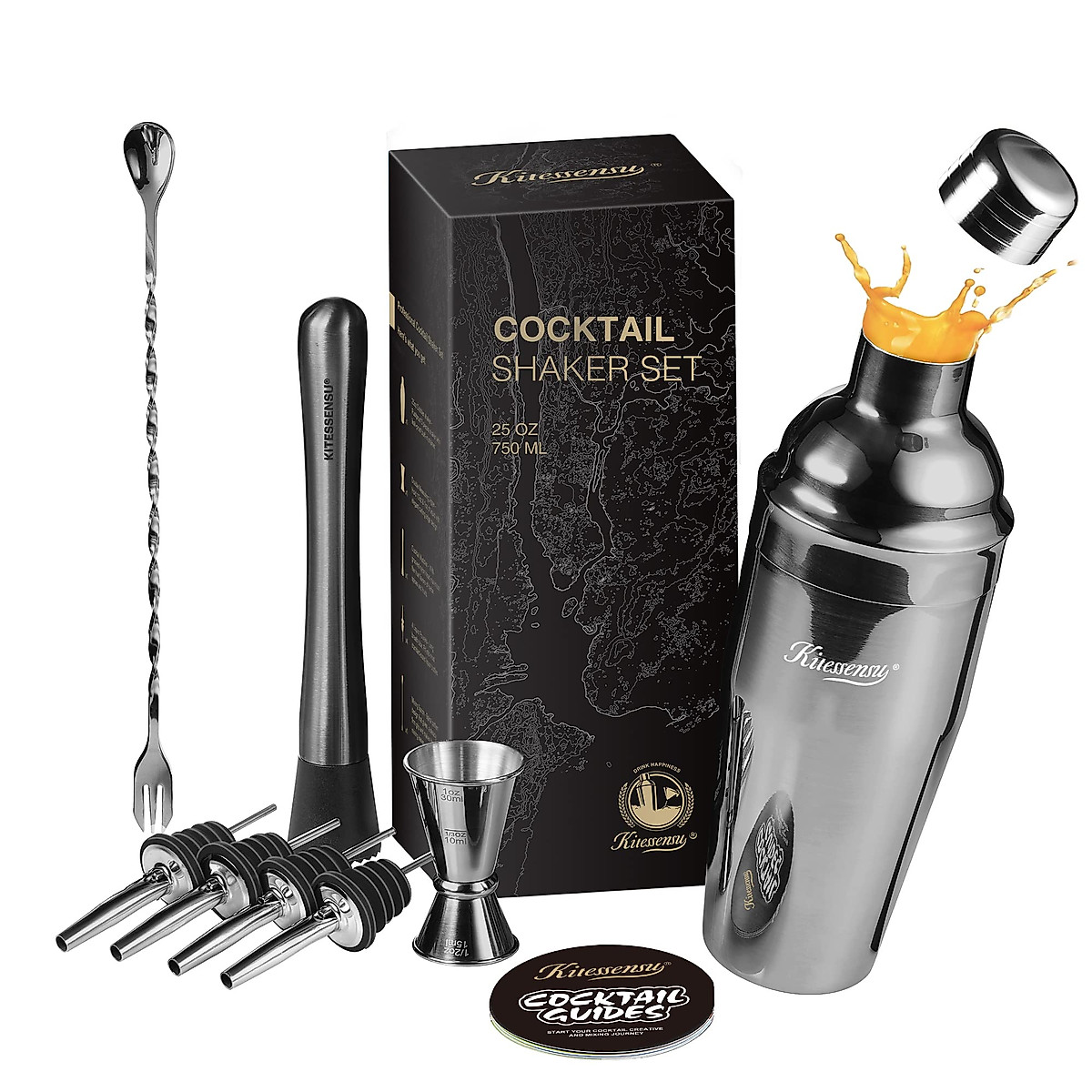 KITESSENSU Black Cocktail Shaker Set Drink Mixer | 10-Piece Bartender Kit: 24 Ounce Margarita Shaker, Double Jigger, Muddler, 4 Liquor Pourers, Alcohol Mixer Spoon, Velvet Bag, Recipes Booklet