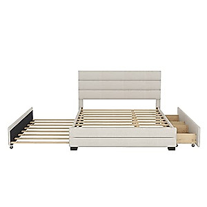 BIADNBZ Queen Size Platform Bed with Trundle and Two Drawers, Solid Wood Bedframe with Upholstered Headboard, for Bedroom, Beige