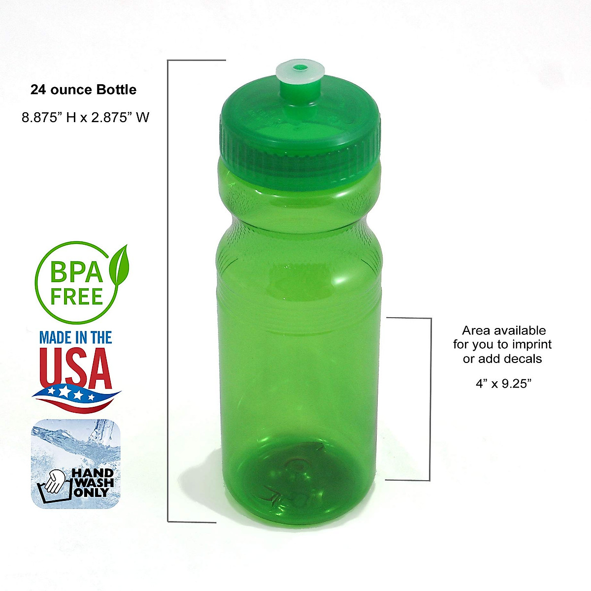Rolling Sands 24 Ounce BPA-Free Green/Green Plastic Water Bottles, Set of 10, Made in USA