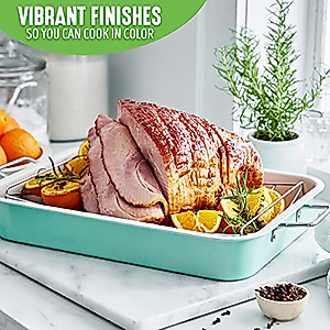 GreenLife Soft Grip Healthy Ceramic Nonstick, 16.5" x 12" Roasting Pan with Stainless Steel Roaster Rack, PFAS-Free, Dishwasher Safe, Turquoise