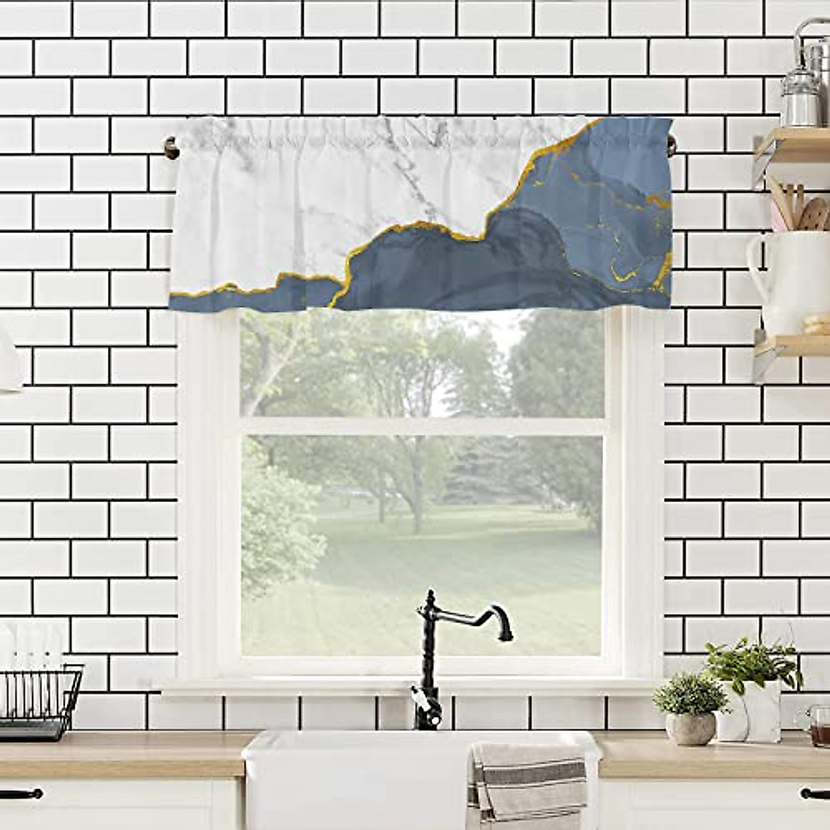 COLCE Valances for Windows Wild Marble Pattern Gold Blue White Ombre Curtain Valance for Kitchen Basement Window Curtain Decorative Rod Pocket Short Winow Valance Curtains 60" W x 18" L