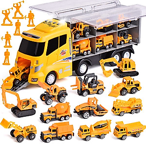 LOYEH 18 in 1 Die-cast Construction Truck Kids Play Vehicles Toy Set, Construction Toy Truck with 12 Construction Vehicles and 8 Toy Figures, Lights and Sounds, Kids Birthday Gifts