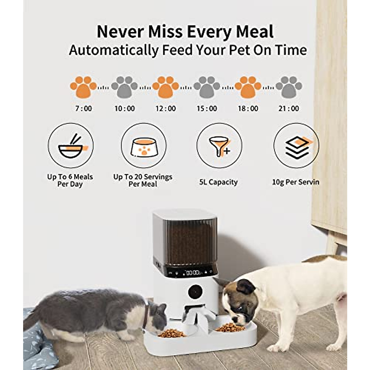 Automatic Cat Feeders with Camera,1080P HD Night Vision 2.4G WiFi 5L Pet Feeder,Height Adjustable Dog Dry Food Dispenser,Two Way Splitter & Three Stainless Bowls,10s Meal Call & Interaction (White)
