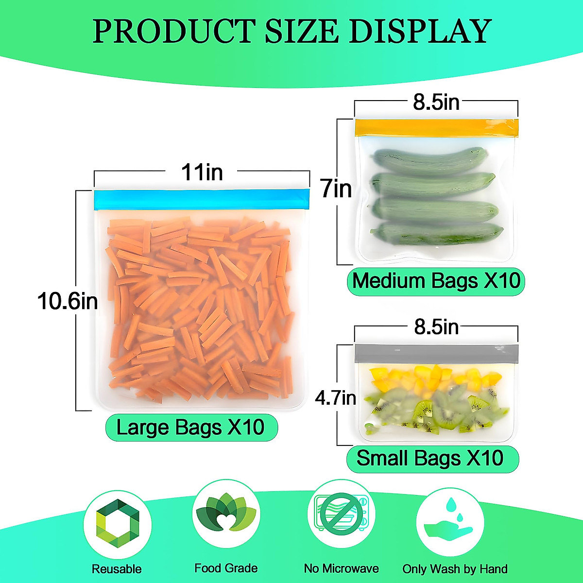 HUYFGDYSA 30 Pack Reusable Food Bags Silicone Freezer Bags Leak Proof Snack Size Sandwich Bags for Traveling & Household(10Small + 10Medium+10Large), orange+blue+gray
