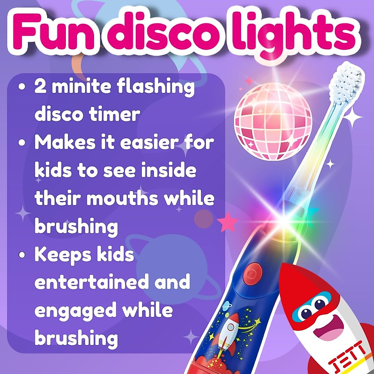 Brush Baby KidzSonic Toddler and Kid Electric Rocket Toothbrush for Ages 3+ Years - Disco Lights, Gentle Vibration, and Smart Timer Provide a Fun Brushing Experience - (2) 3+ yrs with Brush Heads