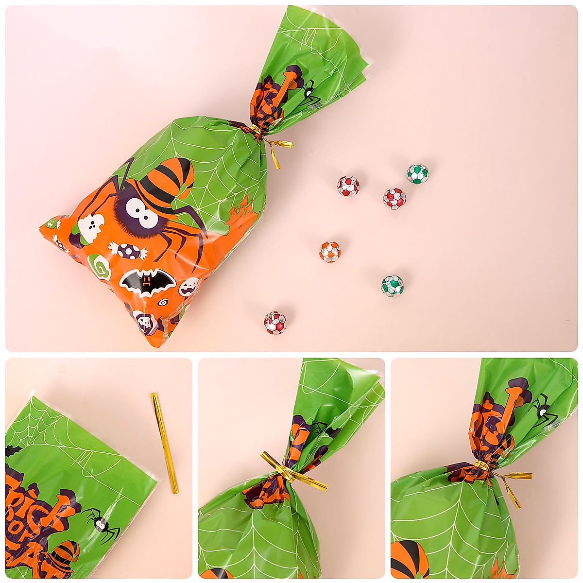 idolpack 50 Pcs Halloween Cellophane Treat Bags 4.9''X10.8'' Halloween Cello Candy Cookie Goodies Gift Bags with Twist Ties for Halloween Trick or Treat Party Favors Supplies