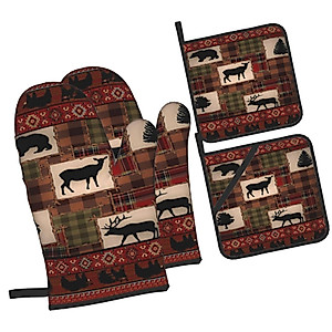 Oven Mitts and Pot Holders Set Retro Rustic Lodge Bear Deer Moose Heat Resistant Kitchen Microwave Gloves and Hot Pads Potholders with Cotton Liner Grip Cooking Mitts for Baking Cooking Grilling BBQ