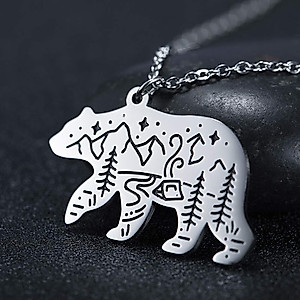 VASSAGO Stainless Steel Cute Polar Bear Necklace Engraved Mountain Forest Star Cabin Nature Animal Pendant (silver)
