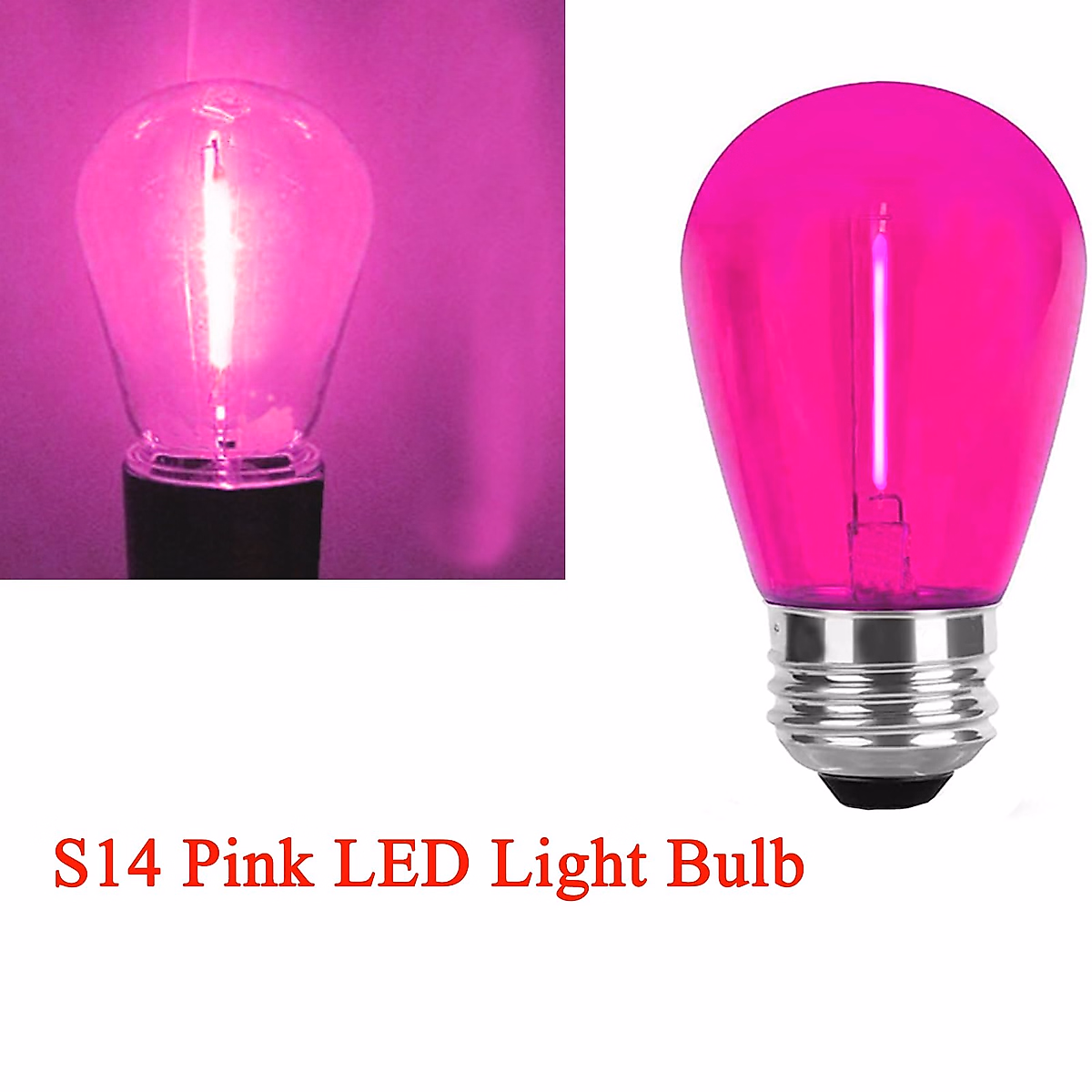 S14 Pink LED Bulb 1W Shatterproof Pink Replacement Light Bulb E26 Base LED Filament Edison Pink Colored Lights S14 Waterproof Outdoor String Replacement Bulbs for Home Yard Patio Wedding,15 Pack