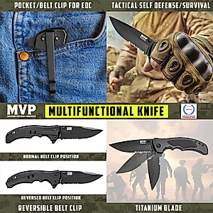 Military Gift Shop MVP 1805-SOT Black Stealth Tactical Pocket Knife | Steel Black Titanium Coated Folding Knife with Reversible Clip | SOT Black Knife