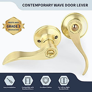 LOQRON Wave Style Door Lever Keyed Entry Door Handle with Lock, Entrance Lever Reversible for Left/Right Handed for Office or Front Door with Satin Brass Finish, 1 Pack
