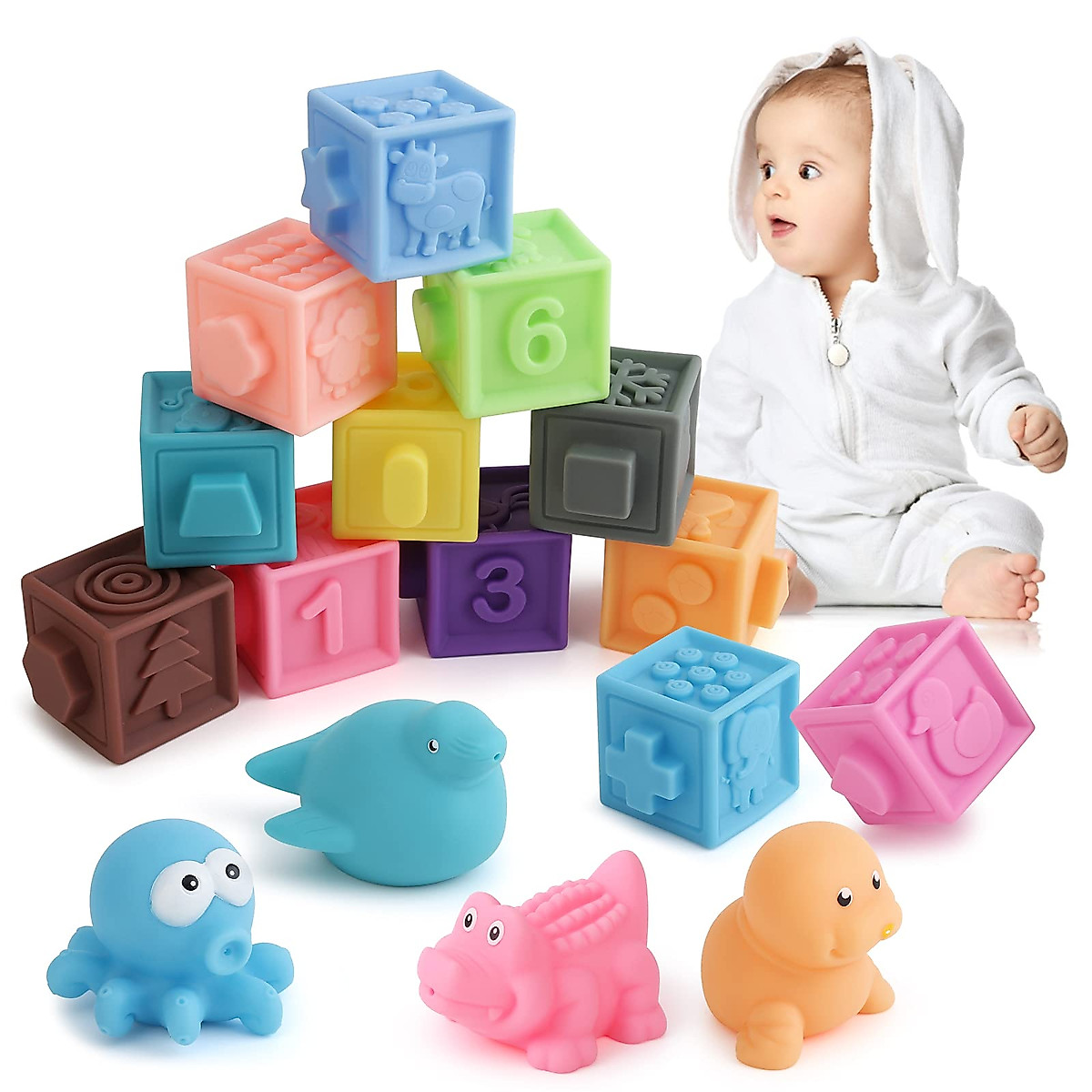 Yutin Baby Blocks, 16 PCS Soft Stacking Building Block Set for Toddlers Boys Girls, Squeeze Toy Gift for 6 to 12 Months Up Infants Age 1 Year Old