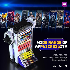 Allnice Game Storage Tower Multifunction Video Game Shelf for 24 game Disk, 2 Headsets Controllers Holder Compatible with PS3/PS4/PS5/ Nintendo Switch/Xbox One, Xbox Series X/S and Blu-Ray Discs
