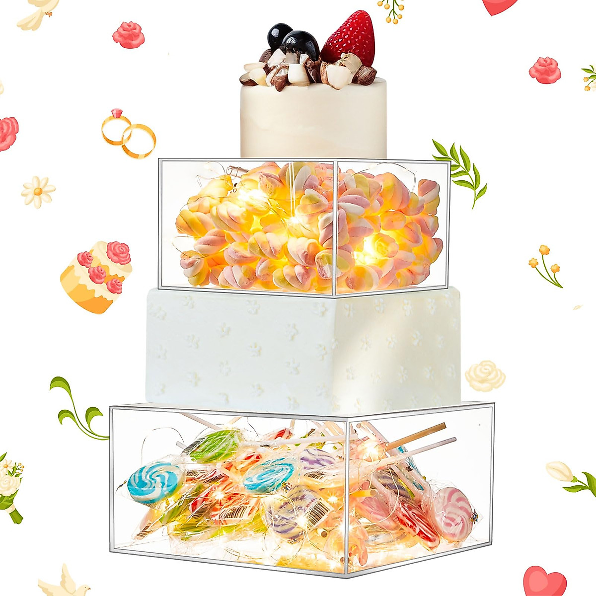 Sintuff 2 Pcs Square Acrylic Cake Stand 2 Tiers 6''/10'' Clear Fillable Cake Riser with LED String Light Cupcake Stand with Lid for Wedding Birthday Party Table Desserts