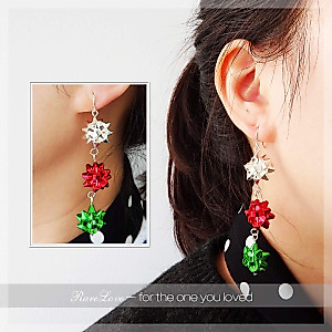Christmas Bows Flower Piercing Dangle Earrings Red Green White Silver Plated Women Holiday