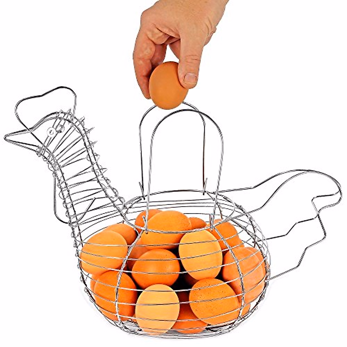Southern Homewares Chicken Hen Shaped Egg Collection Storage Wire Basket Farmhouse Style Organization Chrome