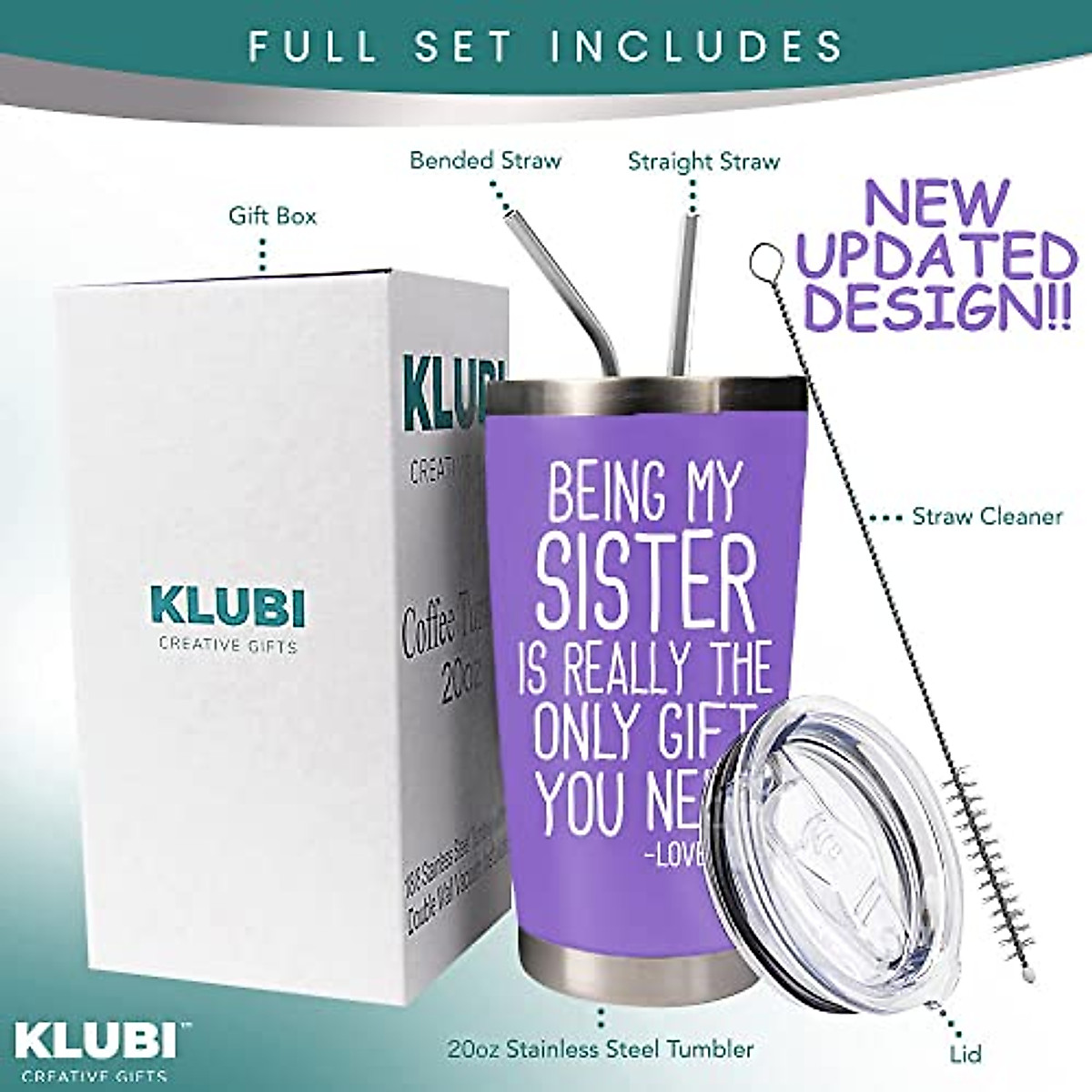 KLUBI Sister Gifts from Sister Brother - Being My Sister is the Only Gift You Need 20oz Tumbler Coffee Mug Purple- Funny Gift Idea for Sister, Birthday, Cute