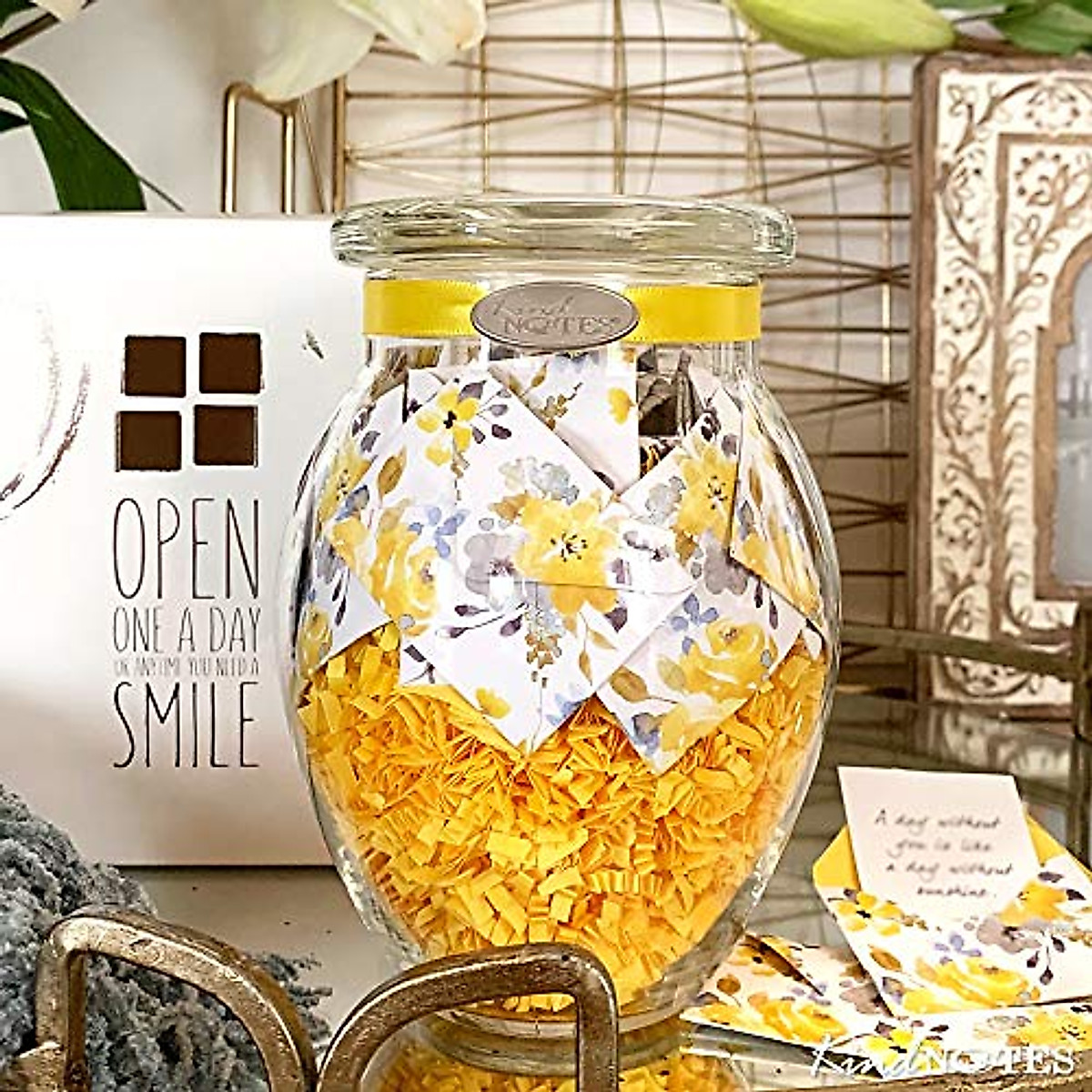 KindNotes Glass Keepsake Gift Jar with Positive Thoughts - Morning Sunshine Design