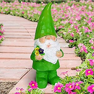 Exhart Solar Green Woodland Garden Gnome Statue, LED Hat, Durable Resin, Cute Yard Décor, 5”x5 x11