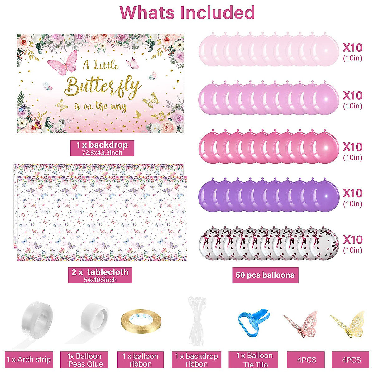Butterfly Baby Shower Decorations Set a Little Butterfly Is on the Way Photography Backdrop Pink Purple Balloon Garland Arch Kit Butterfly Tablecloths for Baby Girls Shower Supplies Decor