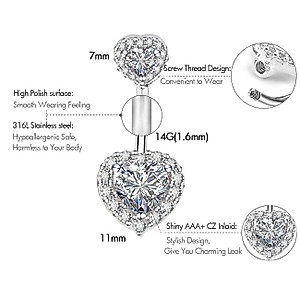 Incaton 14G Belly Button Rings, Stainless Steel Heart Diamond 6mm/10mm Bar Belly Rings For Women, Hypoallergenic Short Bar Navel Piercings Silver 10mm