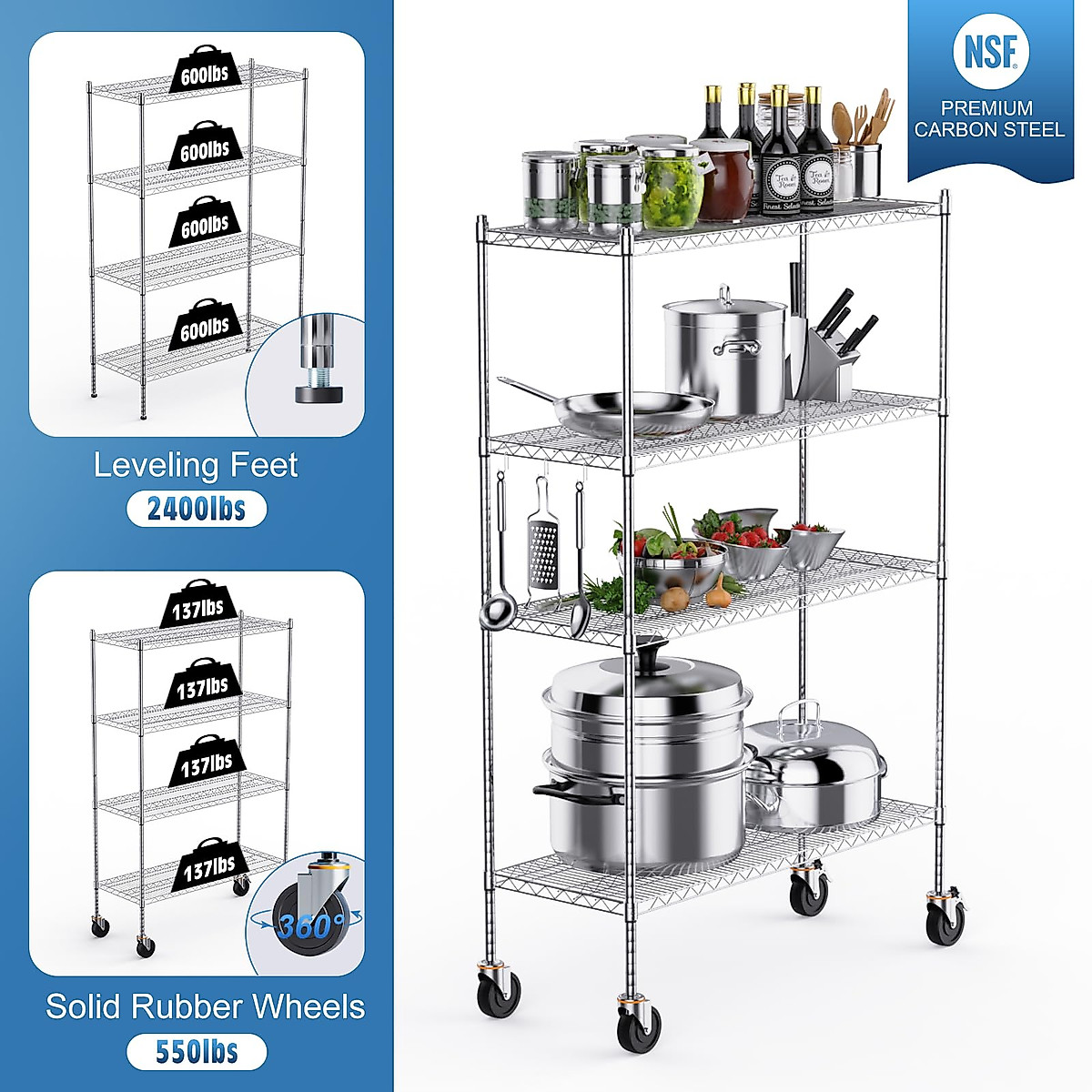 Luxspire Wire Shelving Unit with Wheels, 2400LB Heavy Duty NSF Commercial-Grade Adjustable Storage Shelves, Metal Shelving Utility Rack, Kitchen Garage Organizer Shelf Rack,4-Tier 48x18x72 in, Chrome