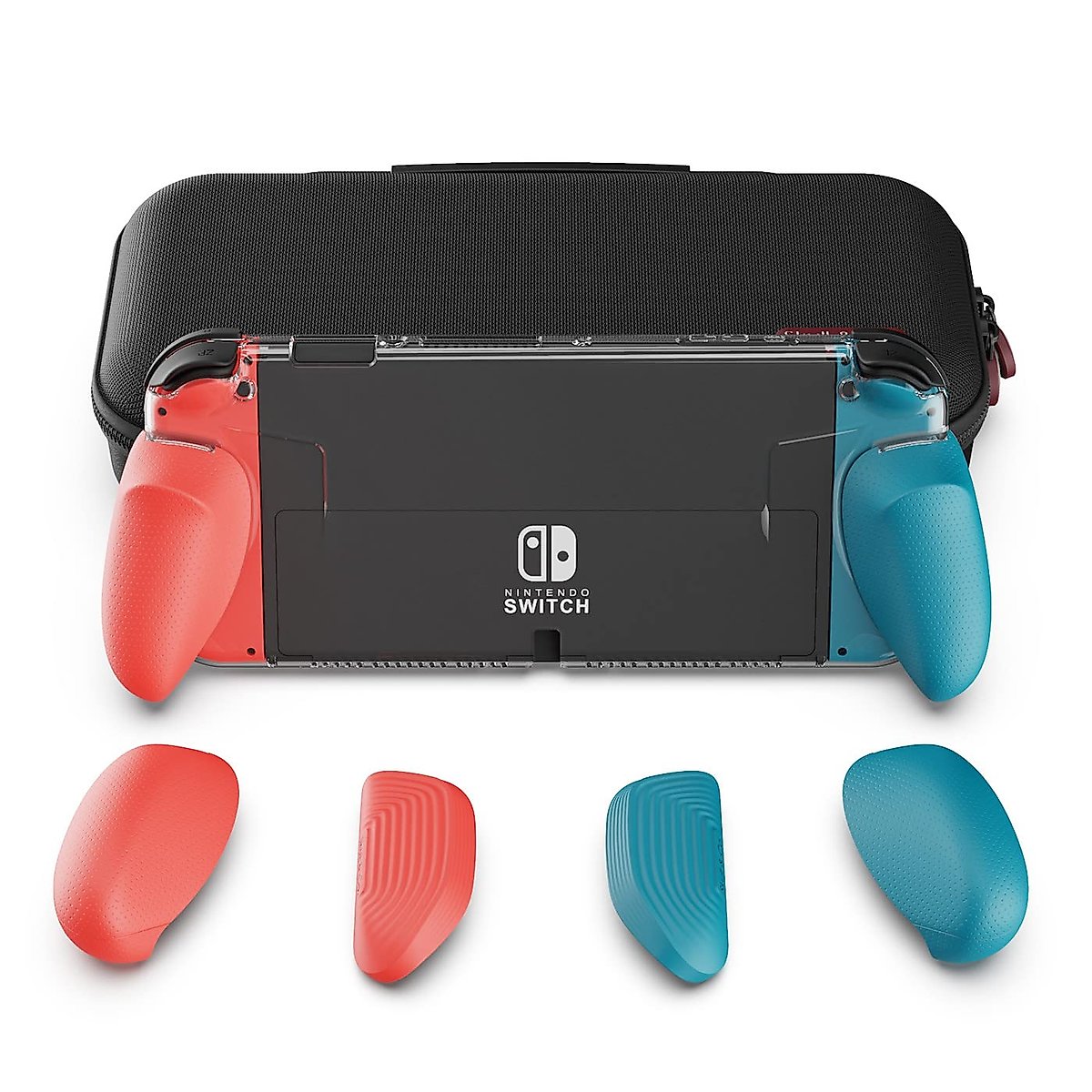 Skull & Co. GripCase OLED Bundle: A Dockable Transparent Protective Case with Replaceable Grips [to fit All Hands Sizes] for Nintendo Switch OLED Model- Neon Blue (L) Neon Red (R)