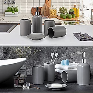 Ceramic Bathroom Accessories Set 5 Pieces, Grey Bathroom Accessory Set Complete, Lotion Dispenser Toothbrush Holder 2 Tumblers Soap Dish Classic Grey Matte for Bath Countertop Organizer Decor, SAIURE