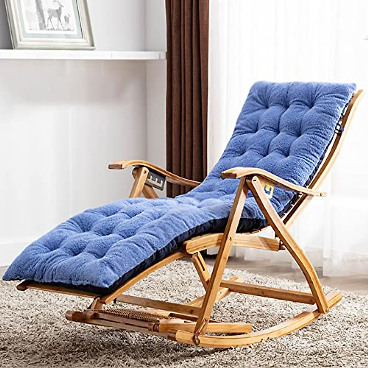 Lounge Chair, Wood Rocking Chair - Foldable Patio Rocker Bench with Pad, Adjustable Recliner for Garden Backyard (Color : with Brown Cushions, Size : with Blue Cotton Pad)