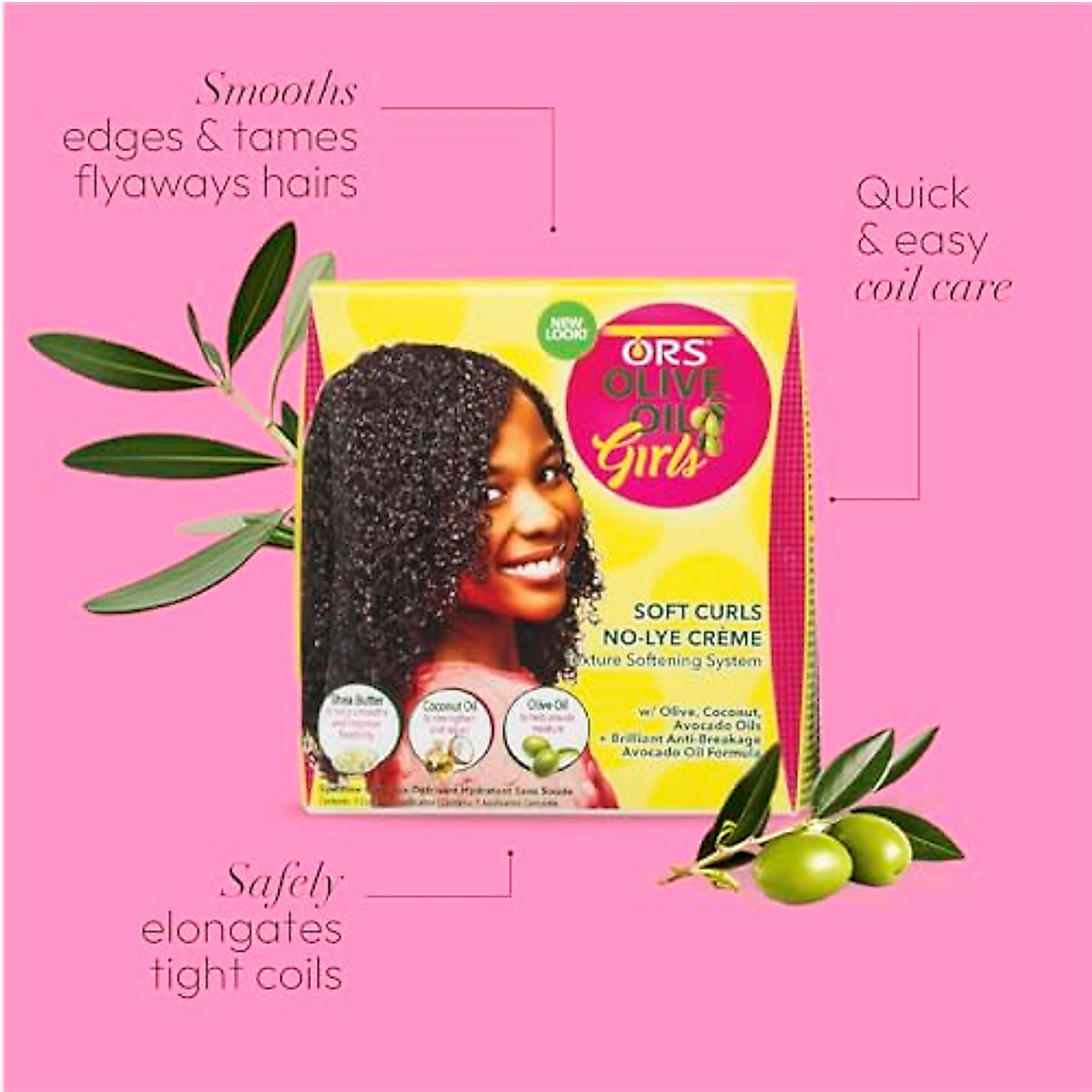 ORS Olive Oil Girls Soft Curls No-Lye Creme Texture Softening System Kit with Olive, Coconut & Avocado Oils (Pack of 1)