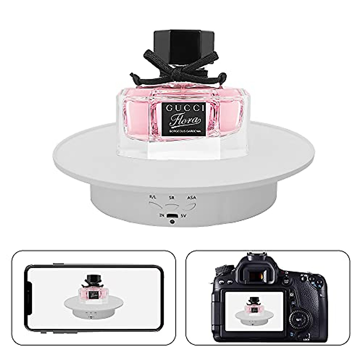 JAYEGT Motorized Rotating Display Stand, 7.87inch /17.6lbs Load, 360 Degree Electric Rotating Turntable for Photography Products, Jewelry, 3D Model,with 5 Colors Backgrounds - White