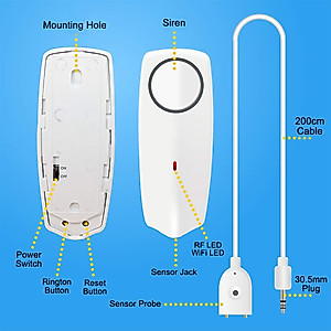 Water Alarm Sensor with 80dB Loud Sound WiFi Leak Detector, Overflow Leak Alarm, Remote Monitoring leaker for Water Heater Basement Sewage Pump, TUYA/Smart Life APP Notification