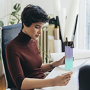 Volhoply 22 oz Insulated Water Bottles with Straw Lid, Stainless Steel Bottle with Handle, Double Walled Metal Travel Water Thermos with Wide Mouth, Reusable Water Flask for School(Purple Blue,1 Set)