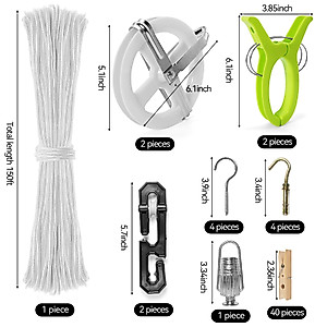 Outdoor Clothesline Kits,Include 150 Ft Nylon Clothes Line,Clothesline Pulley Clotheslines S Separator Spreader, Clothesline Tightener, Hook and Clothespins