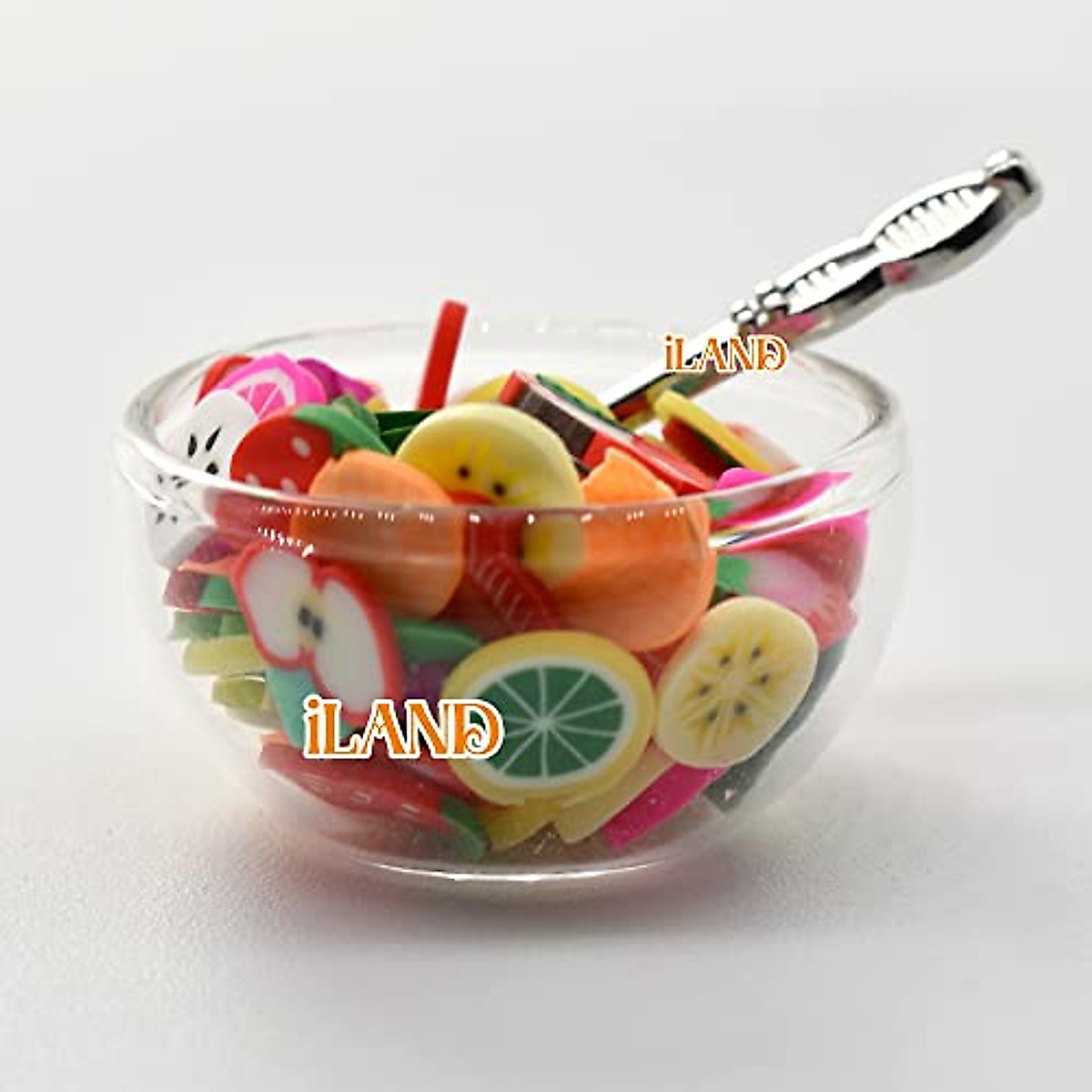 iLAND Miniature Dollhouse Accessories for Dollhouse Furniture, Glass Utensils w/Mini Food Set Incl Bowls Plates Dessert Dish Jar Cup (6 Glass pcs w/Miniature Food)